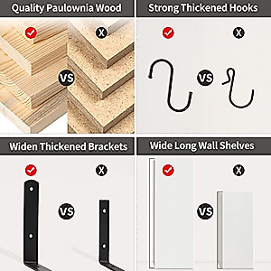 Afuly Wine Rack Wall with Glass Holder, 20 inch Long White Floating Shelf Wall Mounted for Stemware Liquor Bottles, Bathroom Wall Shelves with Towel Bar, Coffee Bar Shelves with 8 Hooks, Set of 2