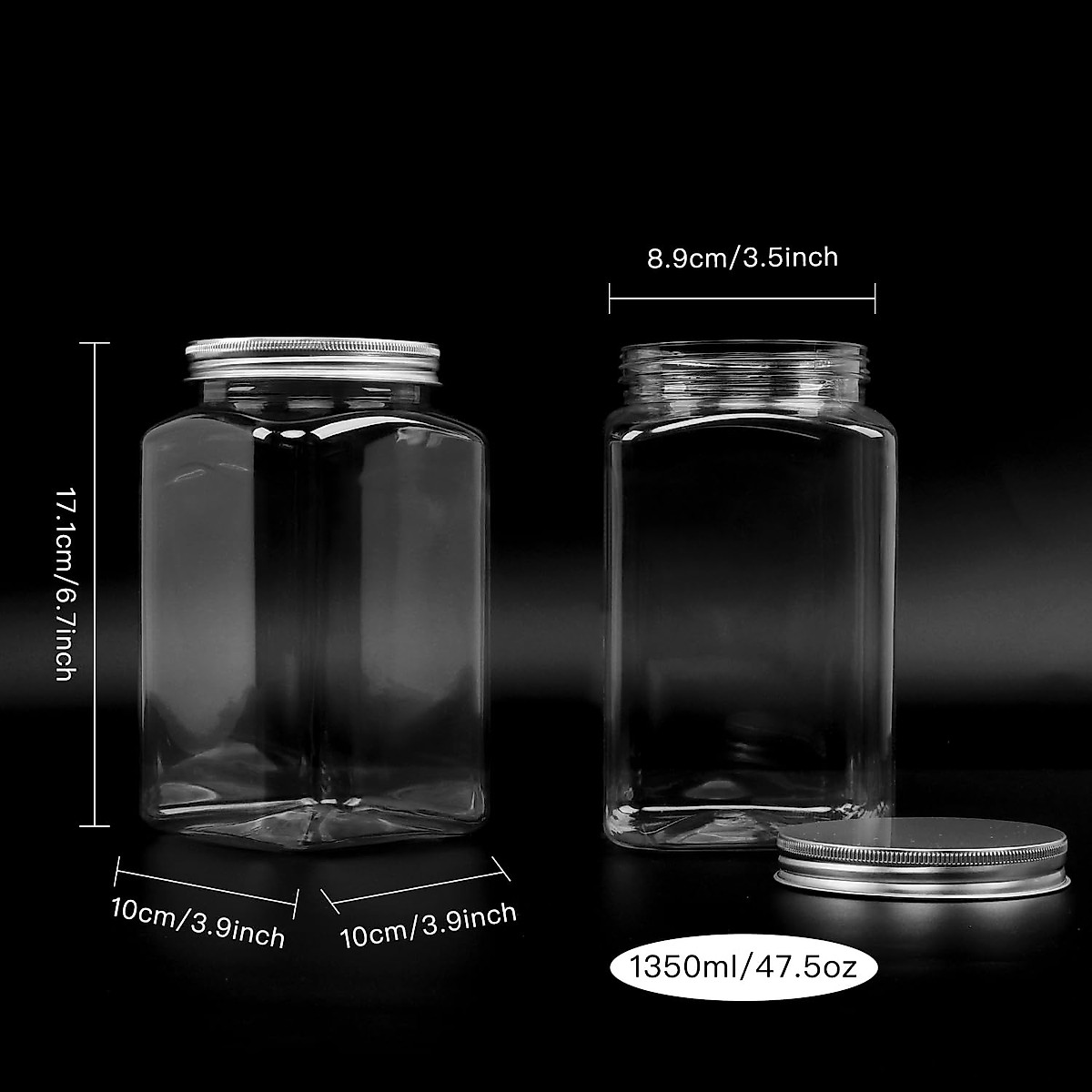 Lainrrew Plastic Storage Jars,6 Pack 47.5 OZ Large Capacity Containers Food Storage Containers Square Plastic Jars with Lids for Kitchen, Crafts, Stackable Food-Safe Storage, BPA-Free