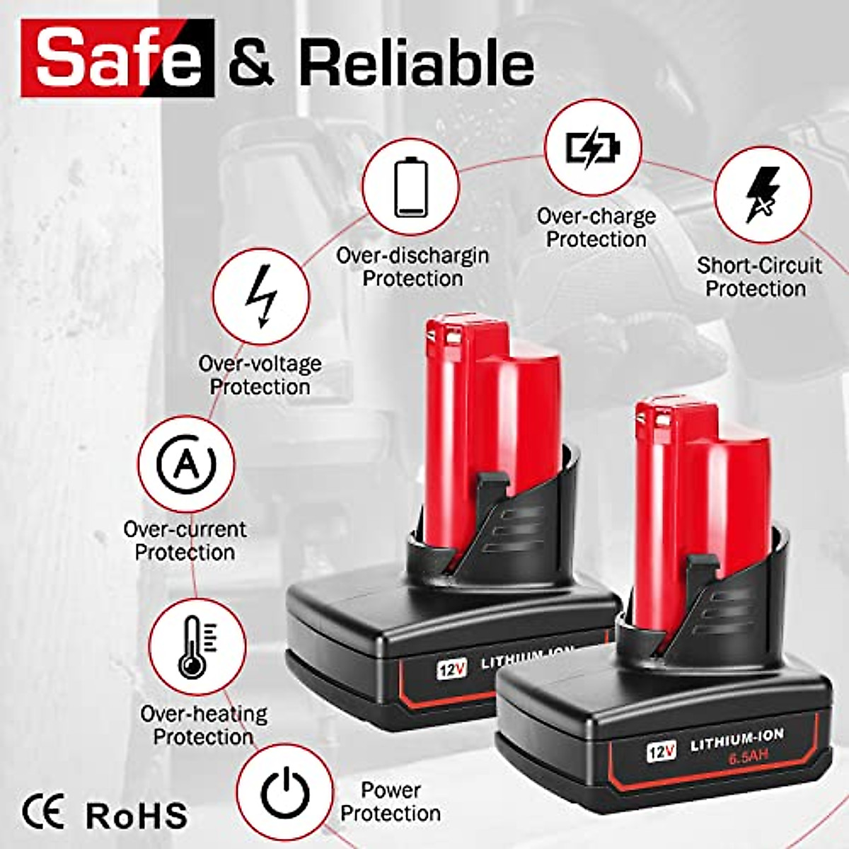 Touyeet 2 Pack 6.5 Ah 12V Lithium Battery Replacement for Milwaukee M12 12V Tools Battery, Compatible with 48-11-2401 48-11-2411 48-11-2420 48-11-2440 48-11-2410 Cordless Tools 12 Volt Battery