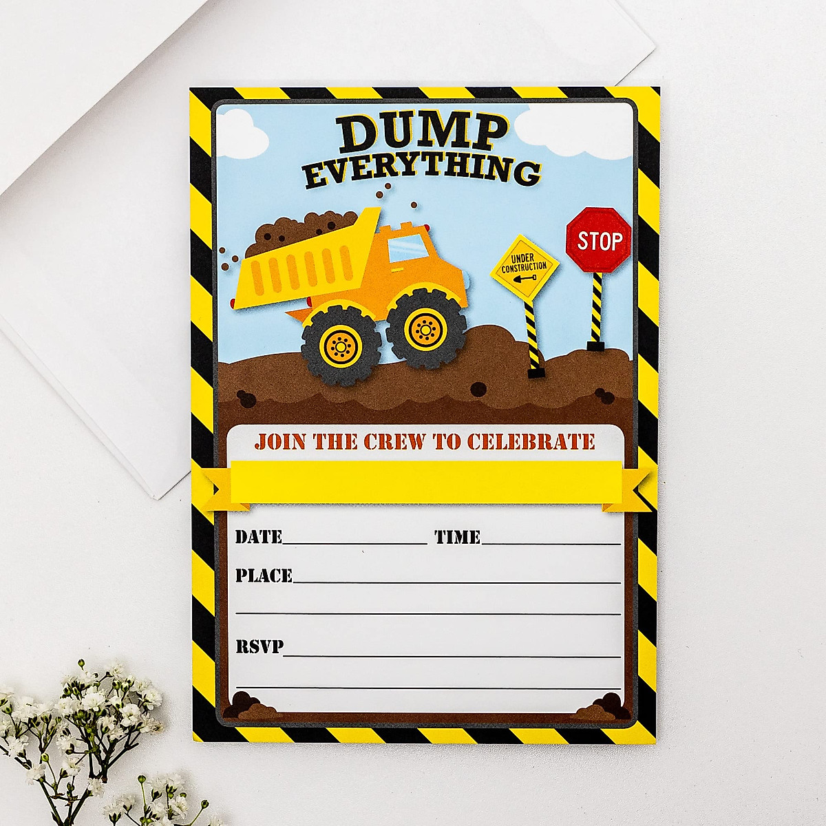 25 Construction Invitations and Envelopes (Large Size 5x7) (25 Pack)