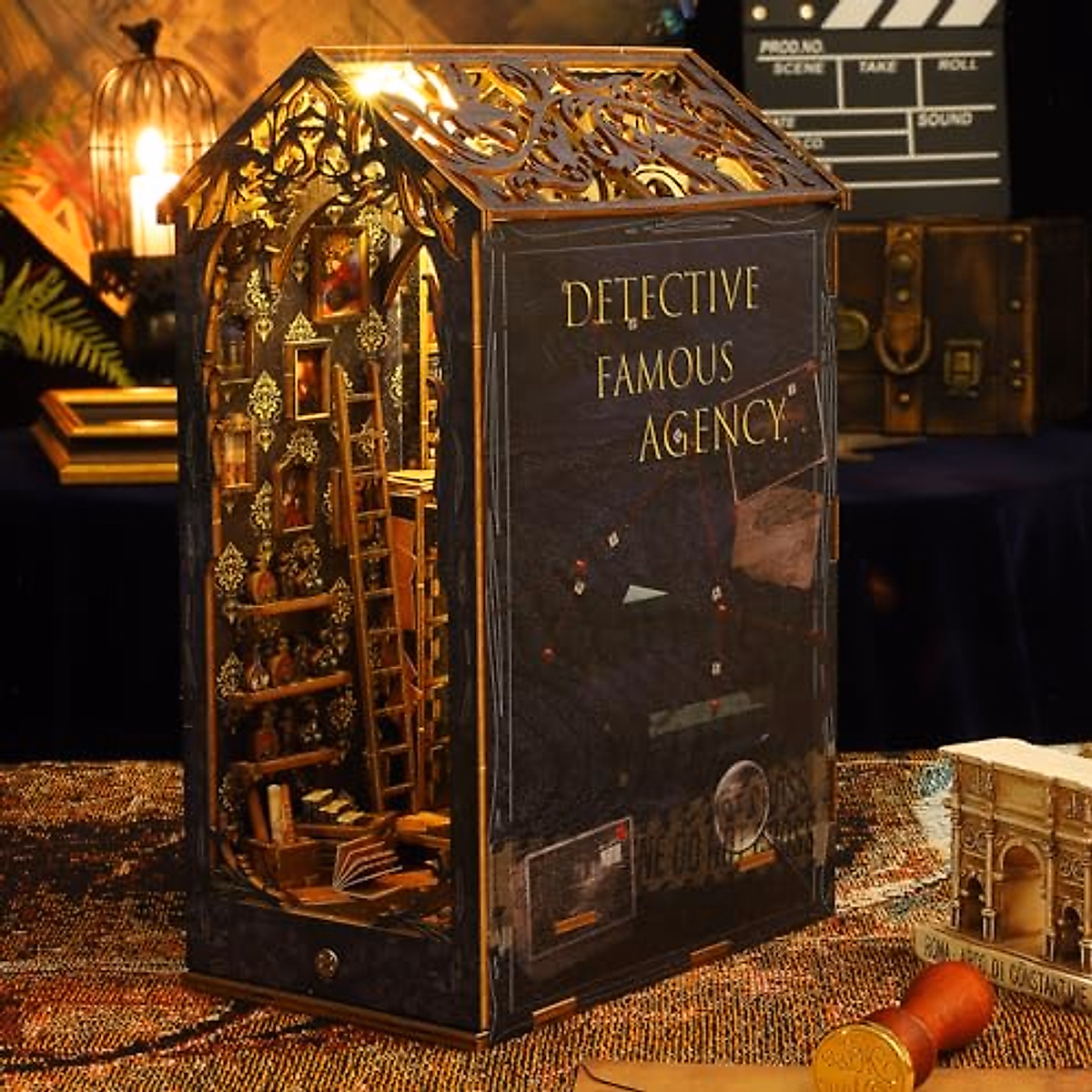 DIY Book Nook Kit, FOTEEMO DIY Miniature Dollhouse Detective Book Nook Building with LED Light Creative Bookend Model Kit DIY 3D Insert Wooden Puzzles Bookshelf for Teens Adults