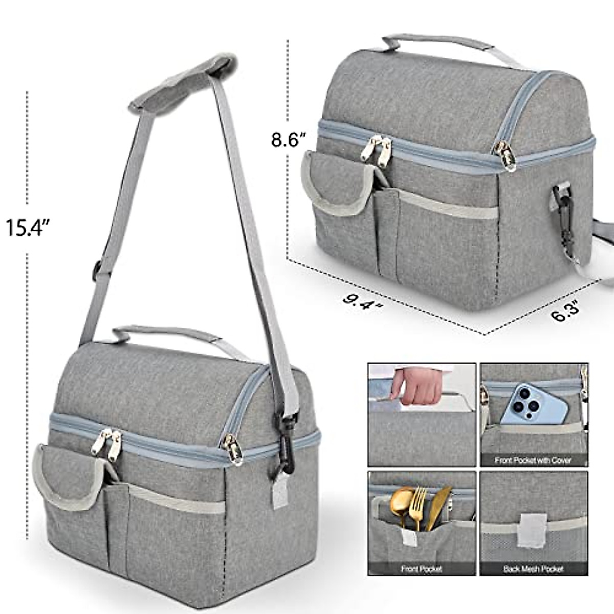 MOSTCOS Cooler Lunch Bag Insulated Reusable Lunch Box for Women/Men, Cute Lunch Box with Adjustable Shoulder Strap, Zippered Outer Pockets, Freezer Lunch Bags for Office Work Beach, Lunch Bag Adult