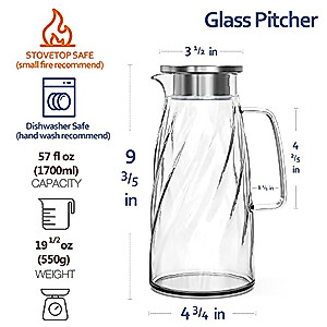 Vzaahu Glass Pitcher with Lid and Handle - Iced Water Carafe - [57 ounces,1.7 L] Lead-free Borosilicate Glass Beverage Jug - Sun Tea Pot Lemonade Milk Dispenser for Fridge Teapot Coffee Juice