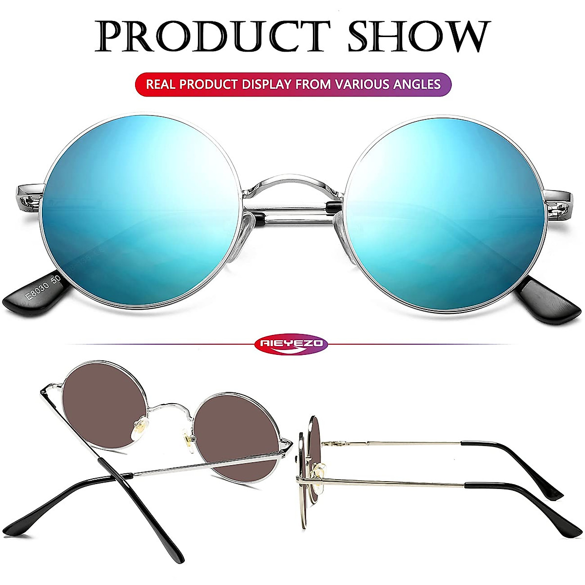 AIEYEZO Round Lennon Glasses Round Polarized Sunglasses for Women Men Small Circle Sunnies (Gold/Purple Mirrored + Silver/Blue Mirrored)