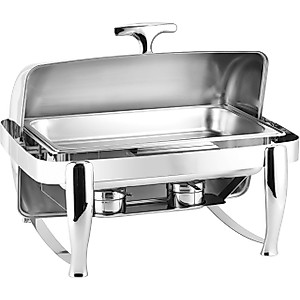 CHEFQ Virtuosa Stainless Steel Oblong 8QT Chafer, Roll-top Set Includes Food Pan, Water Pan and Fuel Holders – Durable, shiny silver, keeps food warm in catered events + CHEFS APRON