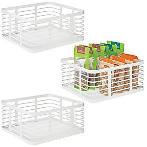 mDesign Steel Metal Wire Kitchen Food Storage Organizer Bin Basket for Pantry Organization - Wired Farmhouse Basket with Handle for Shelves - Carson Collection - 3 Pack, White