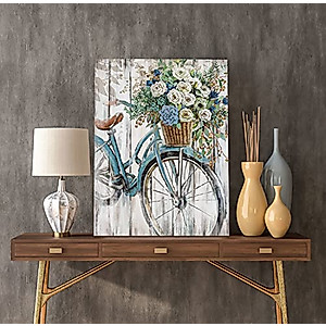 LAIART Farmhouse bathroom wall decor canvas art blue Retro bike picture print flower artwork for bedroom dining living room(11''x15)