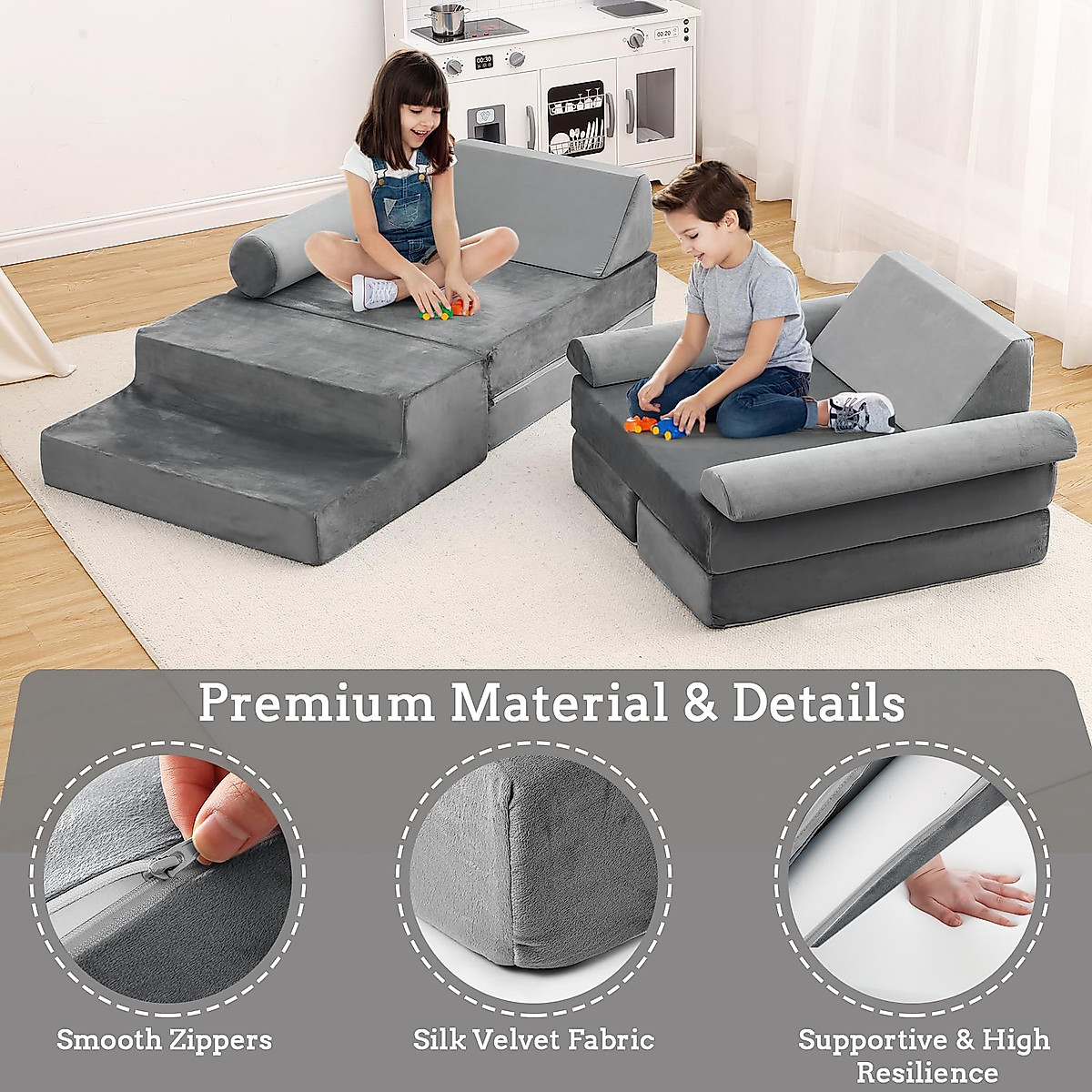 GarveeHome Modular Kids Couch 13PCS Nugget Couch,Toddler Couch for Creative Boys Girls, Convertible Nugget Couch Kids Modular Play Couch, Kids Sofa for Playroom,Grey 56.7"x28.35"