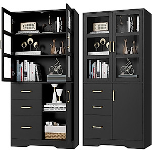 HIFIT 2 Pack Tall Bookshelves and Bookcases with Glass Display Cabinet Doors and 3 Drawers, Floor Standing Wood Storage Cabinet with Shelves, Modern Cabinet for Home Office, Living Room, Study, Black