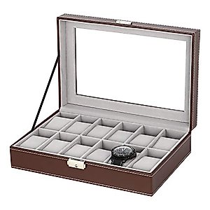 LIANTRAL Watch Box, 12-Slot Leather Watch Case Organizer Watch Holder for Men, Glass Top (Brown)