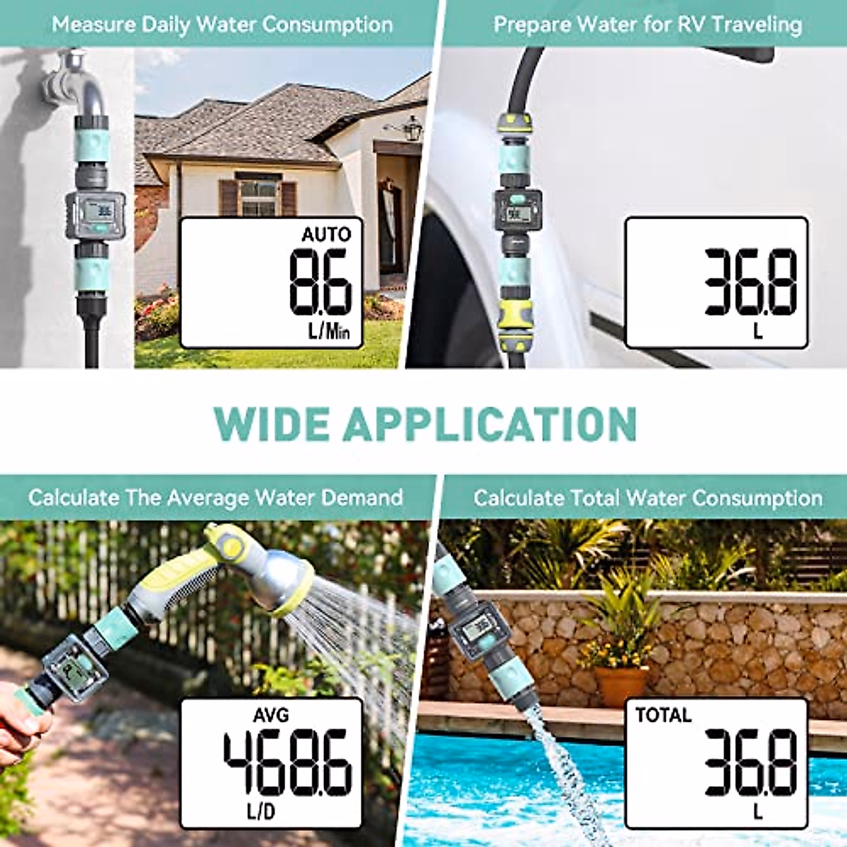 RAINPOINT Water Meter, Water Flow Meter for Garden RV Hose, Measure Gallon or Liter Water Consumption, Fits 3/4-inch Outdoor Hoses and Faucets