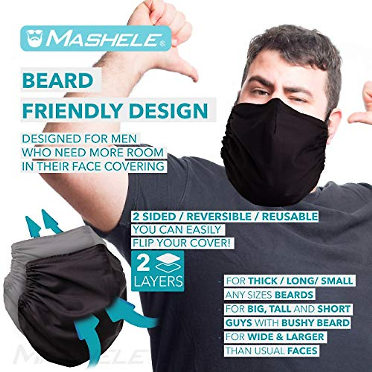 MASHELE 5 Pack Cotton Face Cover for Bearded Men XXL Black 5 Pcs with Nose Wire Adjustable Earloop Washable Reusable Holiday Gift for Indoor and Outdoor Party Activities (Sold as Set) (5, XX-Large)