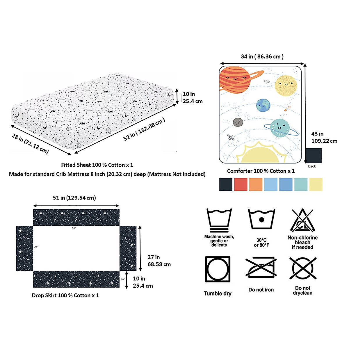 KHUJISTA Nursery Crib Bedding Sheet 3 Piece Set (Fitted Sheet Bed Dust Ruffle Drop Skirt Cute and Cozy Comforter, Cotton)