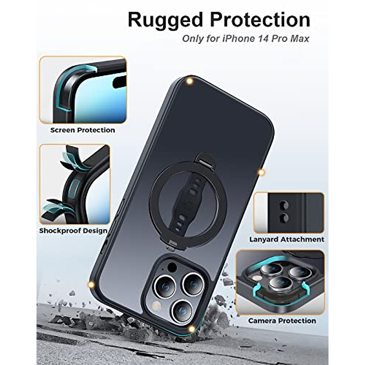 EWA Designed for iPhone 14 Pro Max Case (6.7 Inch) Compatible with MagSafe, MagOne Case with Stand, Ring Holder Strap Grip, Shockproof Protection (Matt Black)