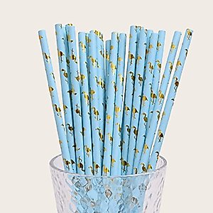 100 pcs Light Blue Gold Foil Flamingo Paper Straws, Metallic Hawaii Luau Island Beach Pool Party Drinking Straws Bulk, Boy Birthday Baby Bridal Shower Wedding Cake Pop Sticks (Light Blue Gold Foil)