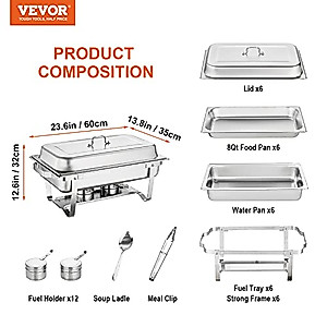 VEVOR Rectangle Catering Warmer Server Chafing Dish Buffet Set, 6 Packs, 8 Quart