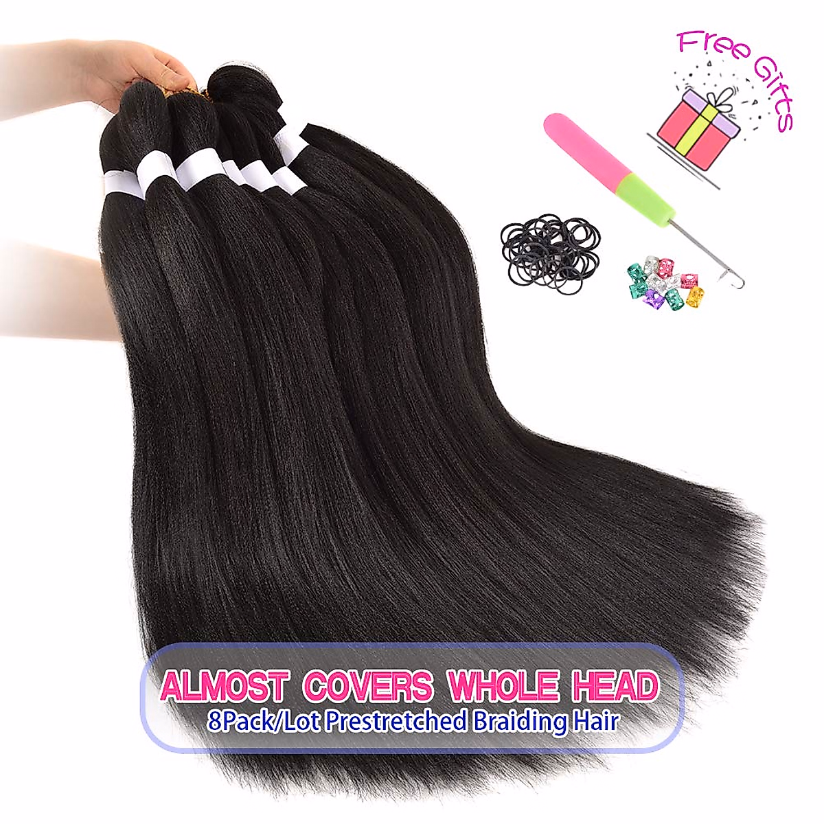 8 Pack Braiding Hair Pre Stretched - 26" 100G/Pack Premium Pre Stretched Braiding Hair Extensions, Professional Itch Free Hot Water Setting Perm Yaki Texture Prestretched Braiding Hair(1B)