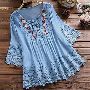 Aniywn Women Round Neck Lace Up Lace Patchwork Flare Pullover Top Casual Plus Size 3/4 Sleeve Floral Printed T-Shirt (XXXL, Sky Blue)