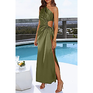 PRETTYGARDEN Women's 2024 Summer One Shoulder Satin Dress Cutout High Split Cocktail Wedding Guest Maxi Dresses (Dark Army Green,XX-Large)