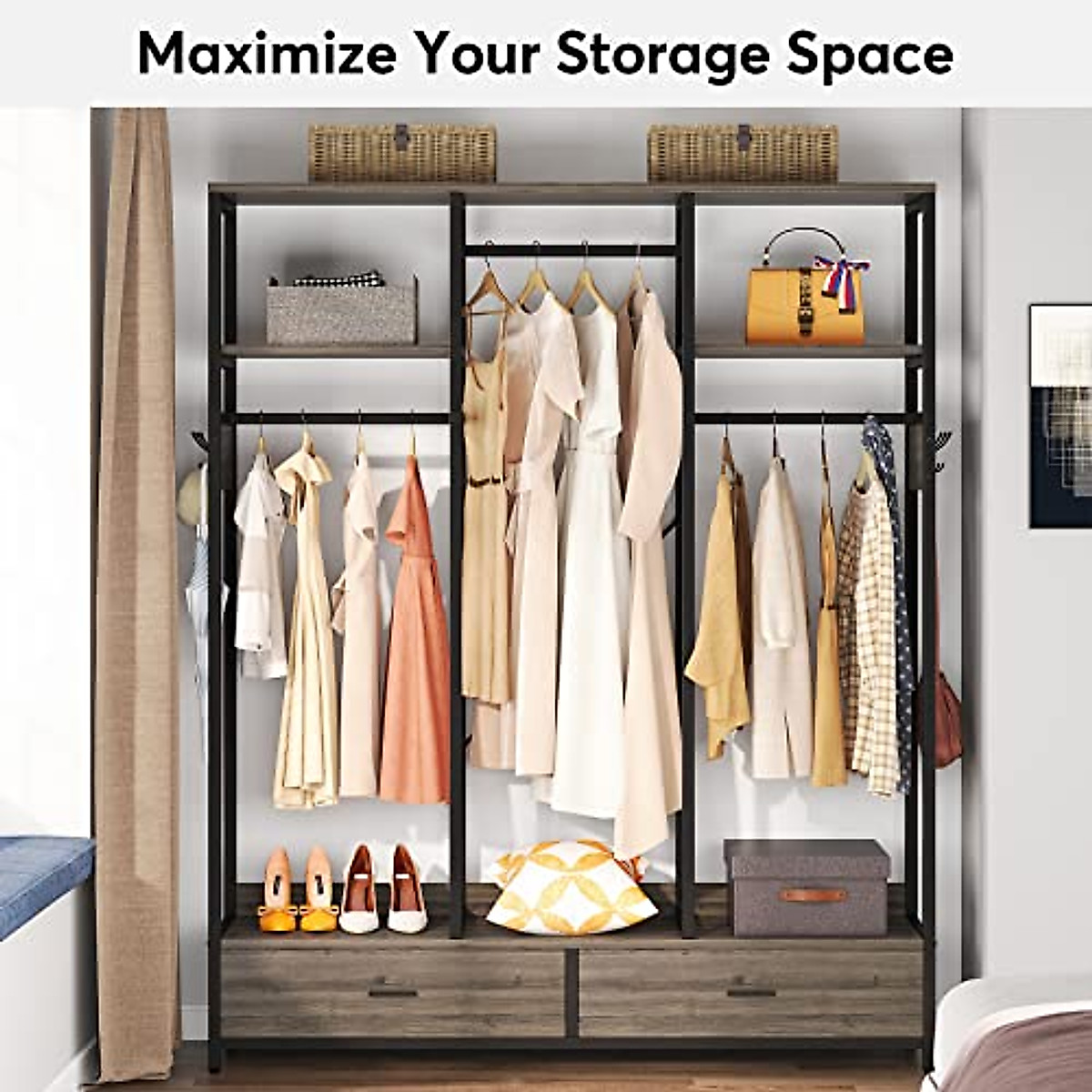 Tribesigns Freestanding Closet Organizer with 2 Drawers, Heavy Duty Garment Rack with Shelves and 6 Hooks, Wardrobe Closet Clothes Rack for Hanging Clothes, Clothing Storage for Bedroom, Gray