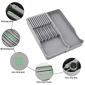 AWZITUO In Drawer Knife Organizer, 2 Tier Kitchen Knife Drawer Holder Insert with Expandable Storage Tray Holds 11 Knives, Drawer Knife Organizer for Kitchen Saves Space (Gray)