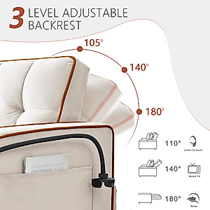 HUMEHA Convertible Chair Bed, Modern Velvet Sofa Chair Sleeper Bed with USB Ports & Cup Holders, Adjustable Backrest Single Lounge Armchair with Phone Holder for Living Room Bedroom, Creamy White