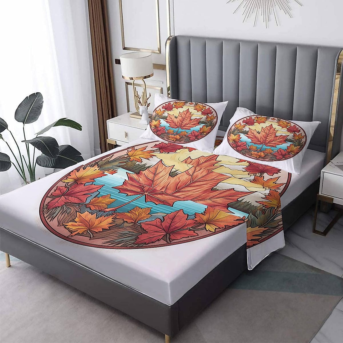Full Size Sheet Sets - Fall Leaves Bed Sheets, Maple Leaf Bedding Sheets & Pillowcases, Soft Microfiber & Deep Pocket & Wrinkle Free Patterned Sheet Set, 1 Fitted Sheet, 1 Flat Sheet, 2 Pillow Cases