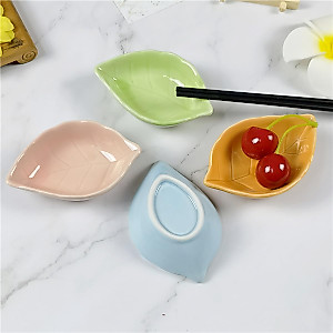 WAIT FLY Leaves Shaped Pattern Ceramic Seasoning Dishes/Tea Bag Holders/Ketchup Saucer/Appetizer Plates/Vinegar Spice Salad Soy Sushi Wasabi Seasoning Dipping Bowls-Green-4 PCS