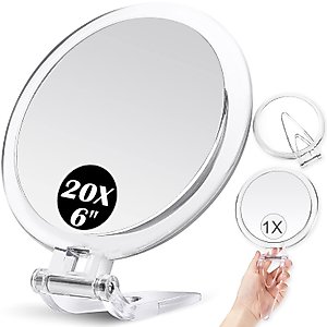 MIYADIVA Handheld Mirror 20x Magnifying Mirror with Folding Handle, Portable Hand Mirror with Magnification for Makeup/Travel, Double Sided, Round, 6"
