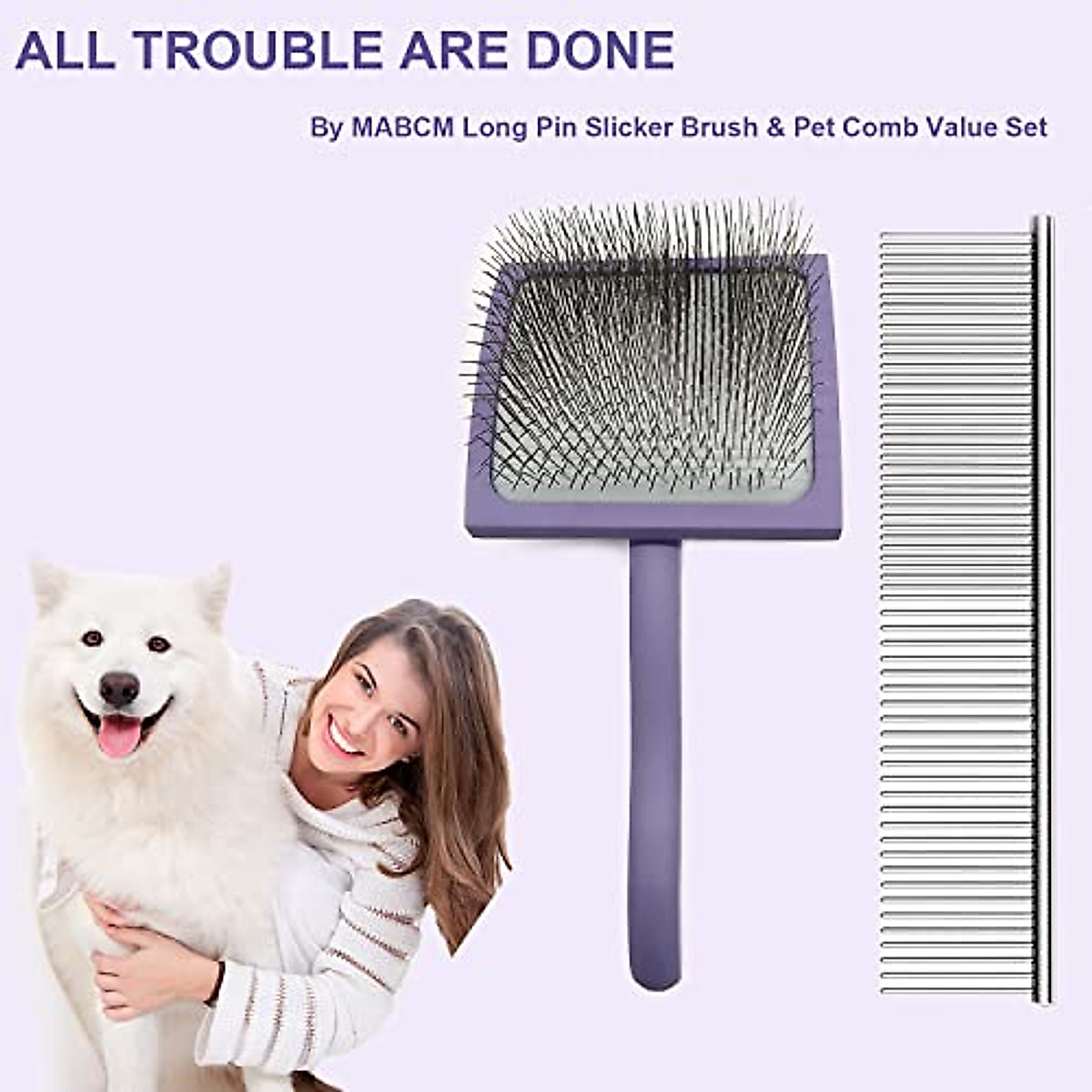 Slicker Brush for Dogs & Pet Comb Value Kit,Large Dog Slicker Brush for Goldendoodles Poodles Doodle with Ergonomic Solid Wooden Handle Best Extra Long Pin Dog Grooming Brush Haired Dogs