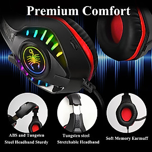 SVYHUOK Pro Gaming Headset for PC PS4 Xbox One Surround Sound Over-Ear Headphones with Mic LED Light Bass Surround Soft Memory Earmuffs for Computer Laptop Switch Games Kid’s Boy’s Teen’s Gifts