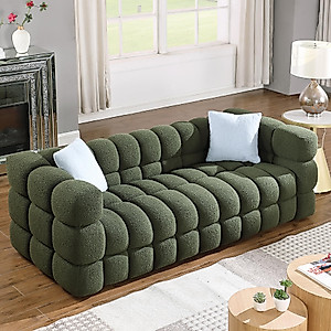 Wrofly Boucle Sofa Couch, 84.3" Comfy Upholstered Sherpa Deep Seat Cloud Couch, Cozy Modern Tufted 3 Seater Couch with 2 Pillows for Living Room Apartment Office, Olive Green