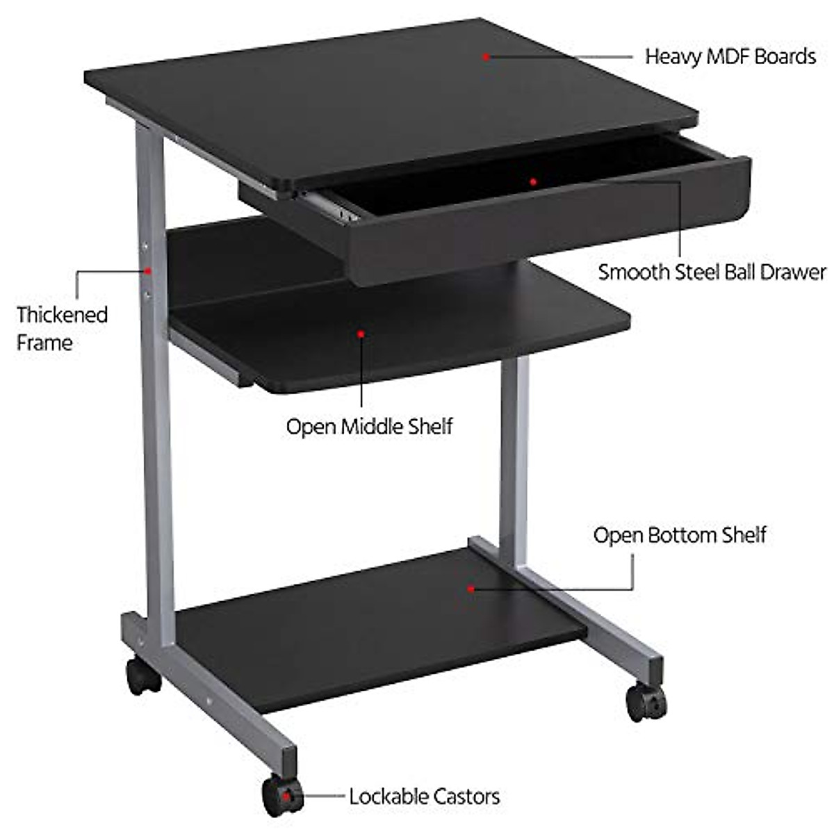 Yaheetech Mobile Computer Desk Cart, Small Rolling Laptop Desk PC Table Workstation with Drawer and Printer Shelf, Writing Desk Table for Small Space/Home Office