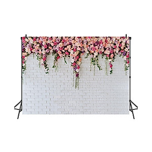 LTLYH 8x6ft White Brick Wall Flowers Backdrop Valentine's Day Theme Photography Backdrop Mother's Day Wedding Bridal Baby Shower Birthday Party Decor Banner 134