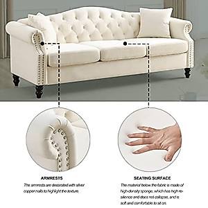 79" Velvet Chesterfield Sofa for Living Room,3 Seater Sofa Button Tufted Nailhead Trimming Curved Backrest Rolled Arms with Wood Legs with 2 Pillows,Bedroom,Office (Beige Velvet, 79*30*32")