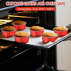 100 Pack Disposable Ramekins with Lids 8 oz Creme Brulee Ramekin Aluminum Foil Cup Cupcake Liner for Baking Disposable Muffin Tin Pan Cheesecake Container for Catering Wedding Party (Red, Silver)