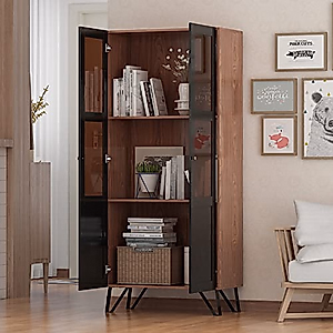 ECACAD 3-Tier Tall Bookcase Storage Cabinet with 2 Acrylic Glass Doors, Wood Bookshelf Display Cabinet with Metal Legs for Living Room & Office, Brown and Black (31.5”L x 15.9”W x 70.7”H)