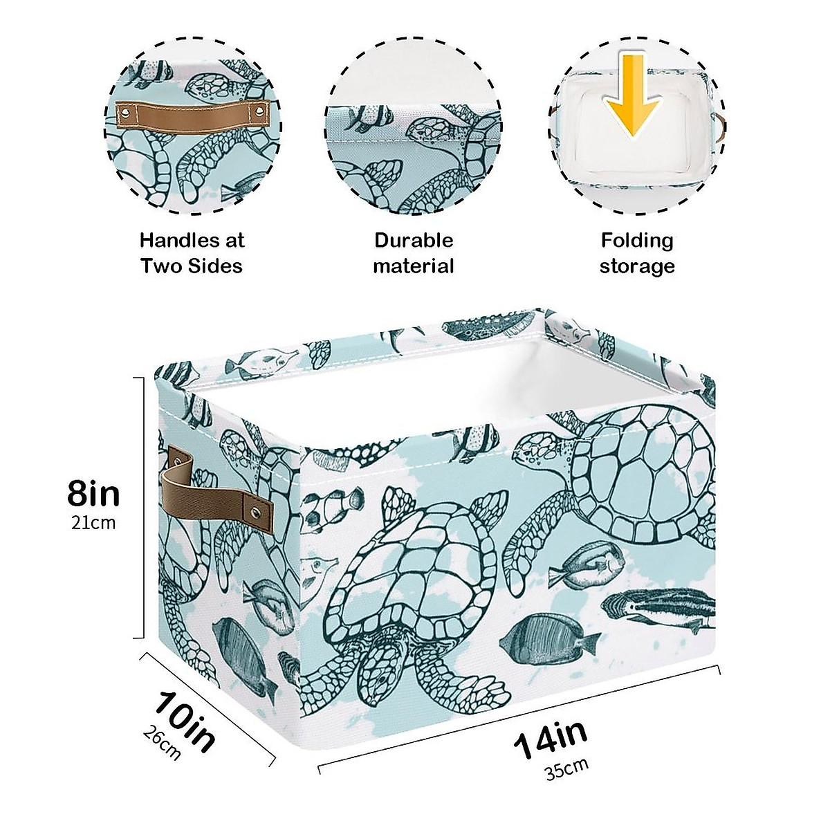 Storage Basket Gift Baskets with Handles Foldable Decorative Canvas Storage Bin for Living Room Shelves Office Clothes, 14x10x8 In(Sea Turtle)