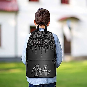 Personalized Casual Daypack School Bag with Name for Students Back School Gift, Custom Black Sparkle Drip Monogram Lunch Box Bag Backpack Shoulder Bag Book Bag Travel Knapsack for Men Women Hiking
