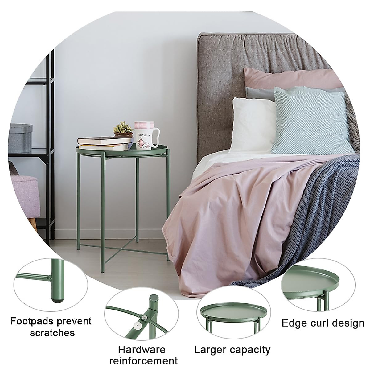 danpinera Side Table, End Table for Small Spaces Accent Metal Bedside Table Round Small End Table, Outdoor Side Table Accent Patio Side Table Anti-Rust and Waterproof Dark Green