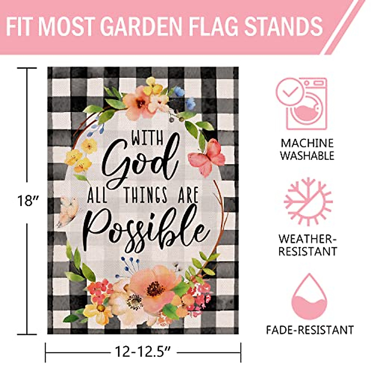 Furiaz With God All Things are Possible Easter Religious Small Decorative Garden Flag, Spring Inspirational Faith Yard Buffalo Plaid Check Outside Decoration, Summer Outdoor Decor 12x18