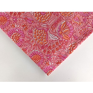 AVKA Studio Hand Block Print Fabric by The Yard - PRECUT 1 Yard 42 Inch Width - 100% Cotton Material - Pink Floral Pattern - Light Weight Indian Cloth for Making Summer Dress Tops Indian Fabric etc
