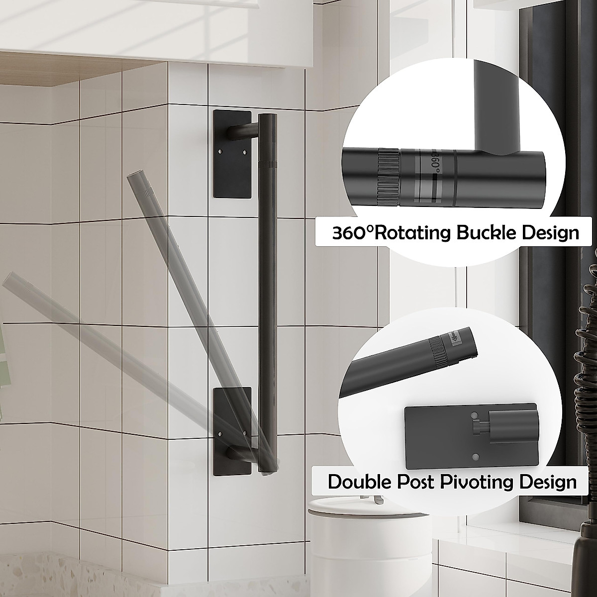 Ruacq Matte Black Paper Towel Holder Double Post Pivoting Square Base Under Cabinet Paper Towel Holder for Kitchen Self-Adhesive or Drill mounting