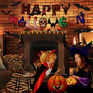 Halloween Decorations Indoor Set, 52pcs Halloween Party Decorations, Halloween 3D Bats |Spiderweb Table Runner & Cobweb Fireplace Mantel Scarf | Spooky Happy Halloween Banner for Home Indoor Decor