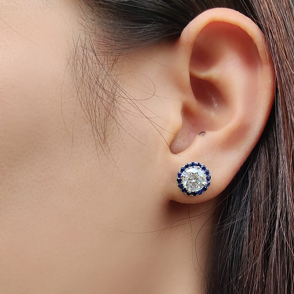 DovEggs Moissanite Stud Earrings for Women 10K White Gold Post 2ct GHI Cushion Cut Halo Created Moissanite with Blue Sapphire Push Back Earrings Sterling Silver (6.5mm Round -Cut)