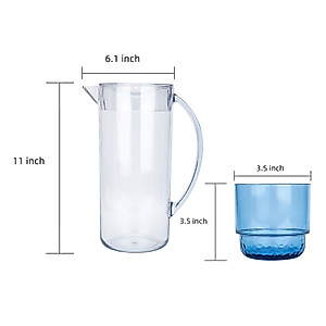 Unbreakable Stackable Plastic 3 QT Clear Pitcher and 4 Blue Tumbler Glasses Drinkware Set (Perfect for Iced Tea, Sangria, Lemonade) Dishwasher safe - top rack only