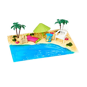 DecoSet® Beach Chair and Umbrella Tropical Beach Cake Decoration, 6 Piece Cake Topper Set, Palm Trees, Deck Chair, Beach Umbrella, Sand Castle and Bucket, Food Safe,