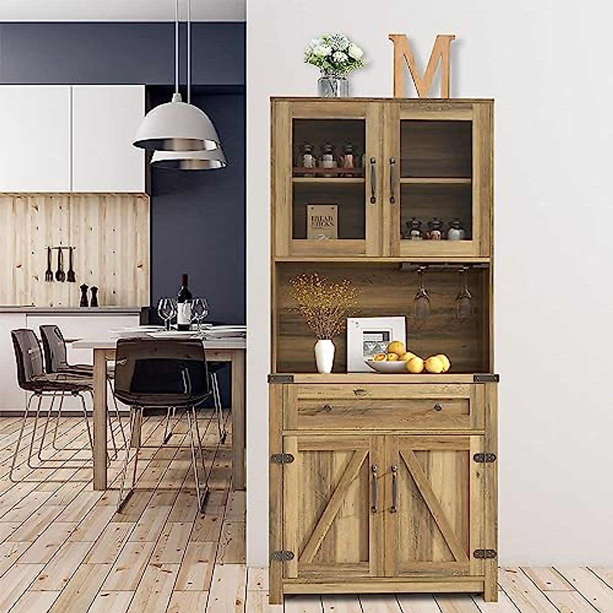 WESOME Farmhouse Bar Cabinet for Liquor and Glasses with Barn Door and Drawer, Liquor Cabinet Bar for Home/Kitchen/Dining Room, Yellow Walnut