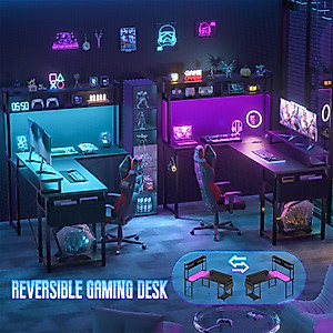 Besiost Small L Shaped Desk Gaming Desk with Power Outlets, 48" Reversible L Shaped LED Computer Desk with Monitor Stand & Storage Shelf, Corner Gamer Desk Home Office Desk with Storage Bag, Black