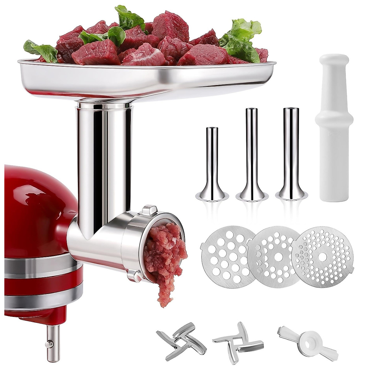 KINGEAGLE Food Grinder Attachment for KitchenAid Mixers,Stainless Steel Dishwasher Safe Meat Mincer Accessories Set Included 3 Sausage Stuffer Tubes